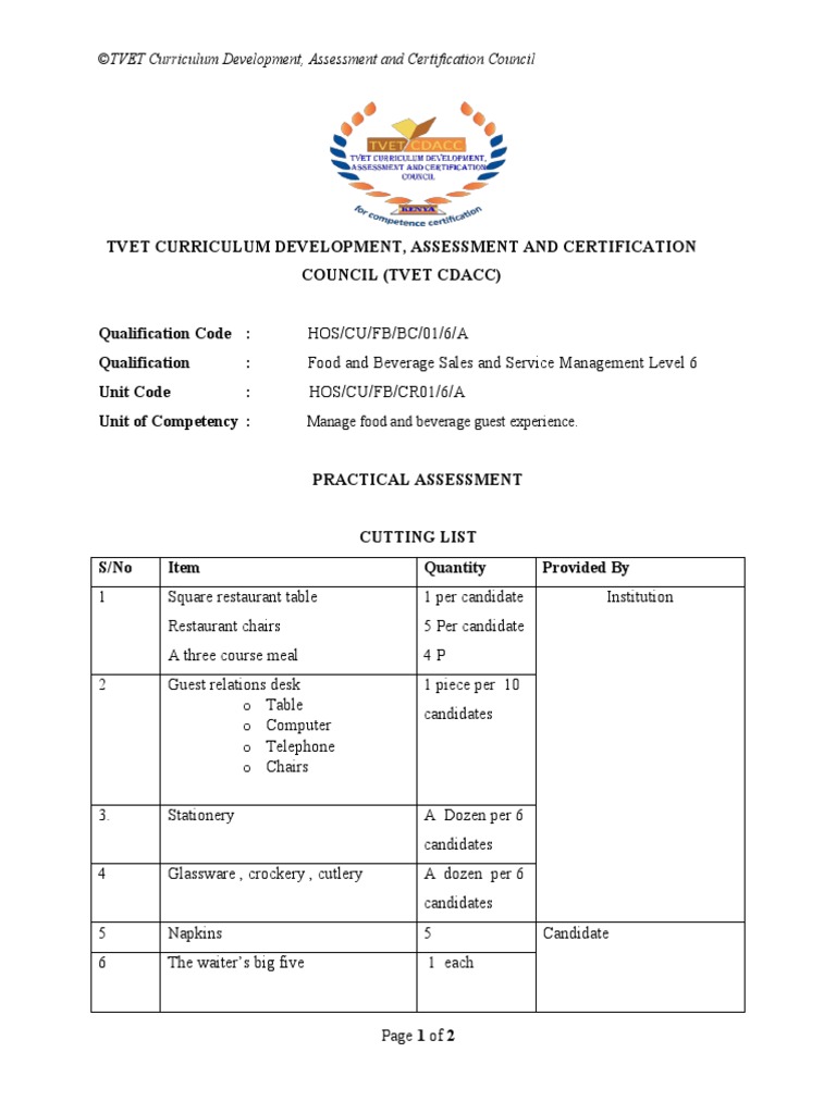 Cutting List - Guest Experience Management | PDF