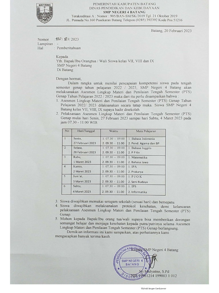 Surat Pemberitahuan Aslim Dan PTS Genap 2022-2023 | PDF