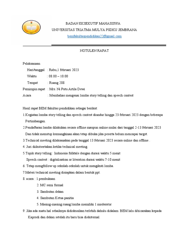 Notulen Hasil Rapat 1 Feb | PDF