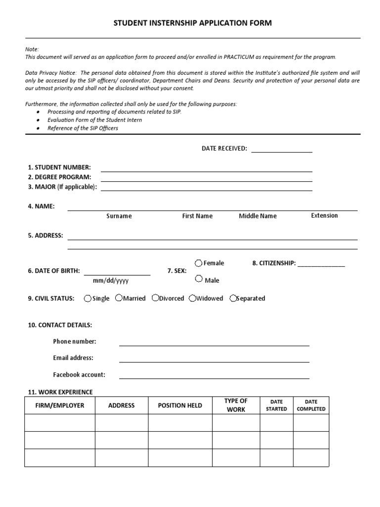 STUDENT INTERNSHIP APPLICATION FORM - Blank Template | PDF | Computing | Information Technology