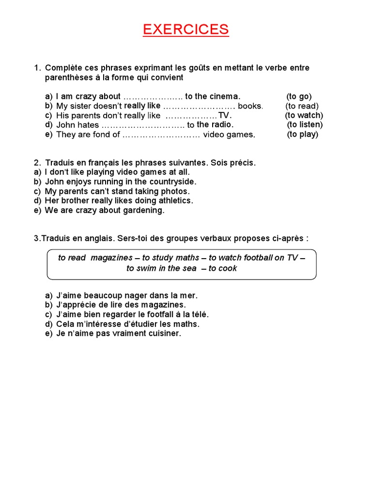 Exercices sur les goûts en anglais | PDF