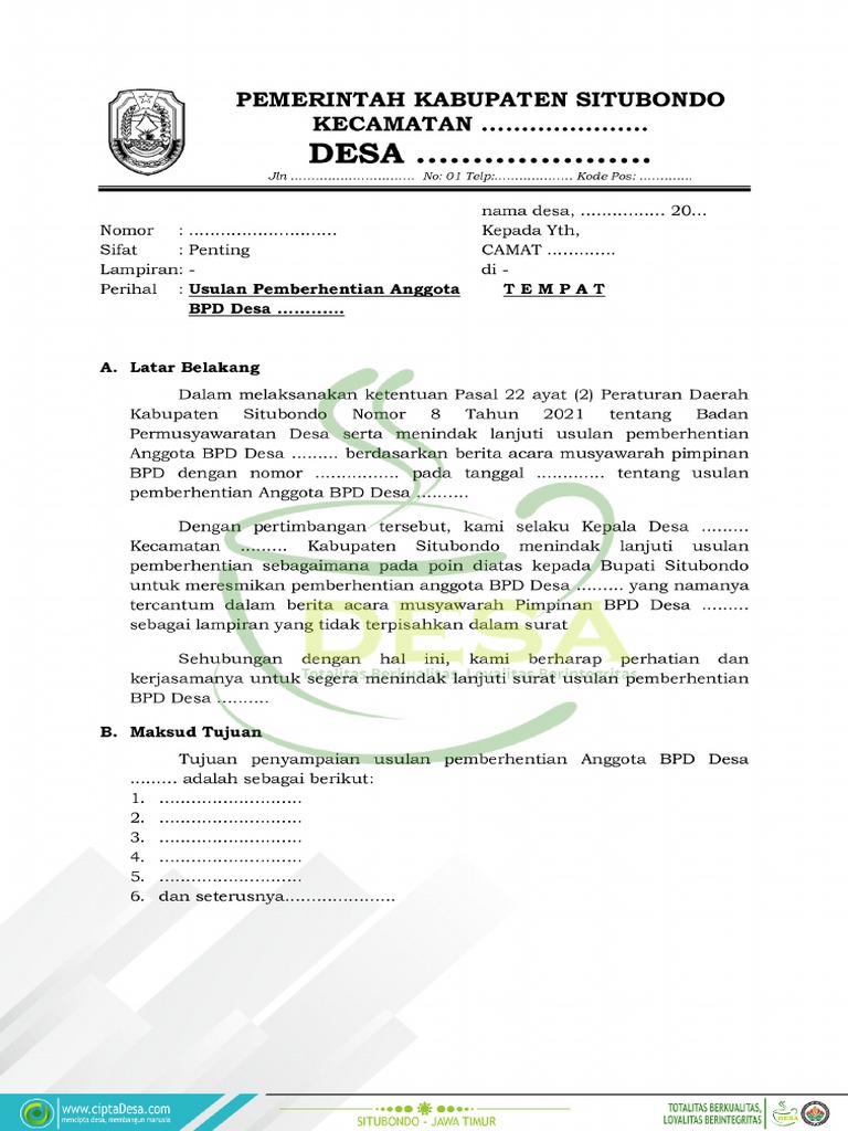 Contoh - Surat Pemberhentian BPD (Kepala Desa) | PDF