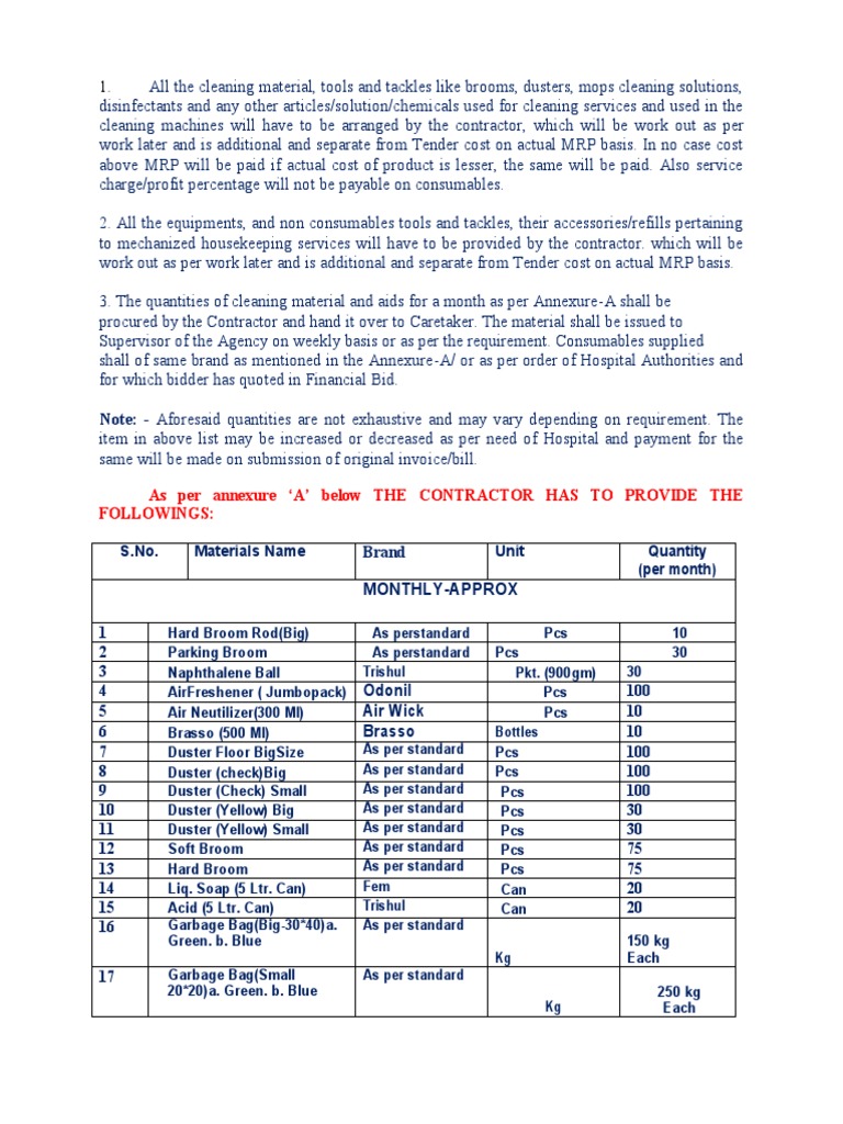 As Per Annexure A' Below The Contractor Has To Provide The Followings | PDF