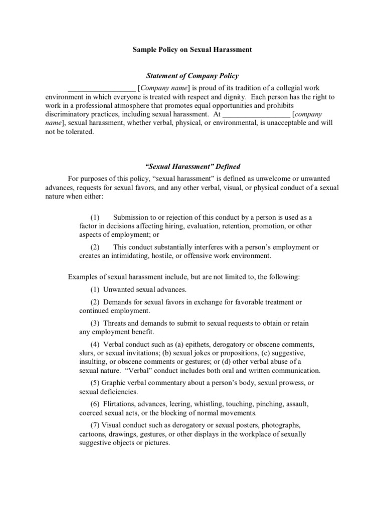 Sample Policy on Sexual Harassment | Sexual Harassment | Harassment
