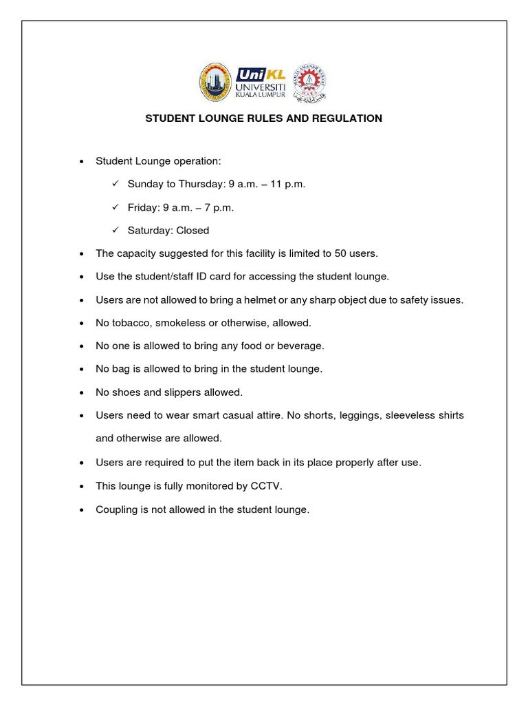 Student Lounge Rules and Regulation & Policy | PDF