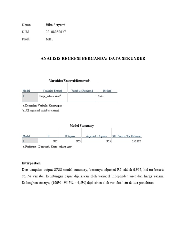 Rika Setyami - 20108030027 - Analisis Regresi Berganda (Data Sekunder) | PDF