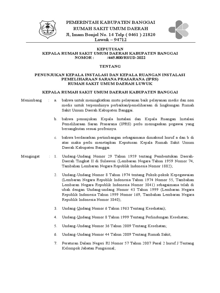 SK Penunjukkan Kepala Instalasi IPRS 2022 | PDF