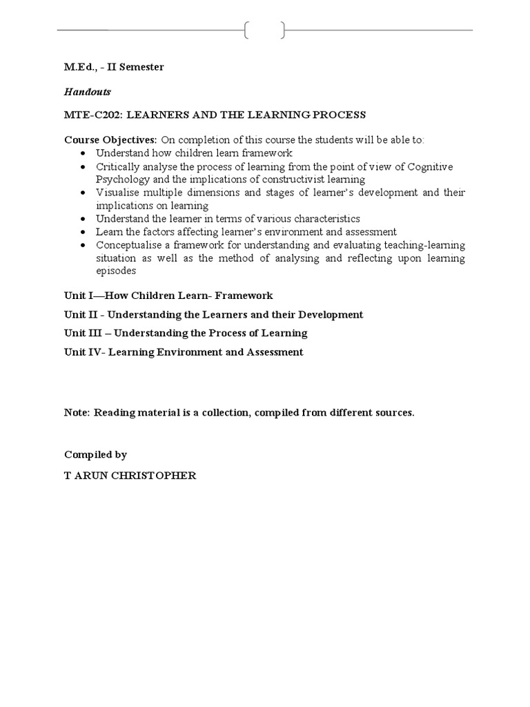 Handout - Learner & Learning Process M.ed II Semester | PDF | Career & Growth