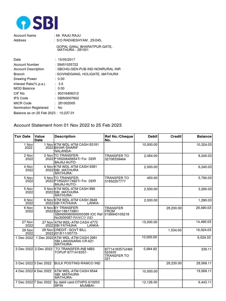 Account Statement From 01 Nov 2022 To 25 Feb 2023 | PDF | Automated Teller Machine | Debit Card