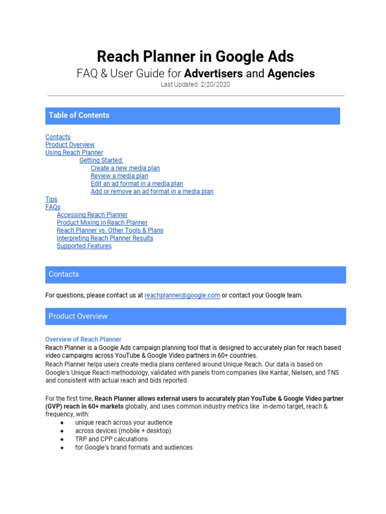 (Google Ads) Tools - Insights - Reach Planner FAQ - User Guide | PDF ...