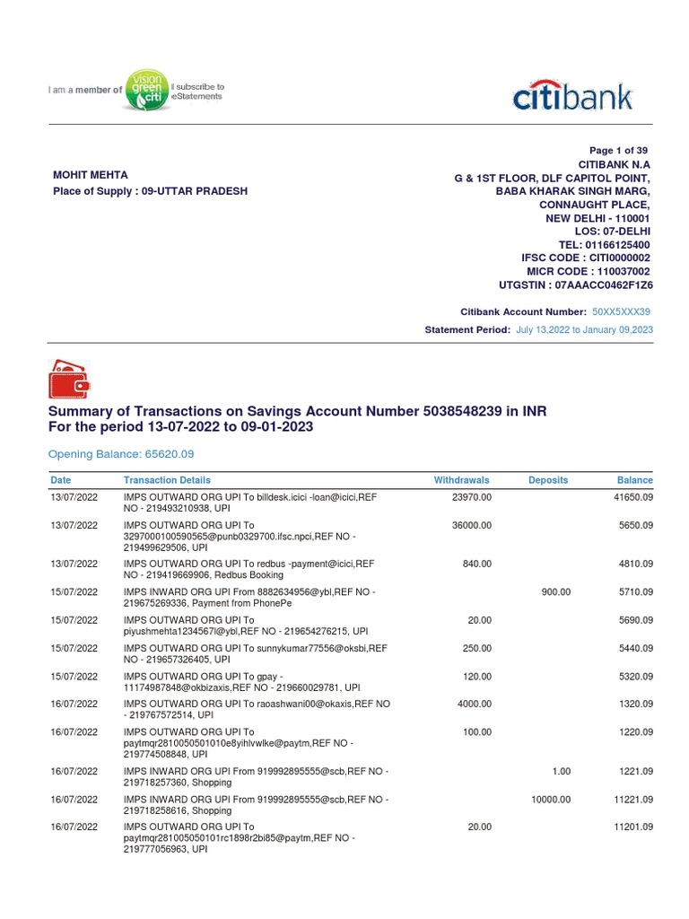 Citibank Account Statement-20220713 TO 20230109 | PDF | Credit Card ...