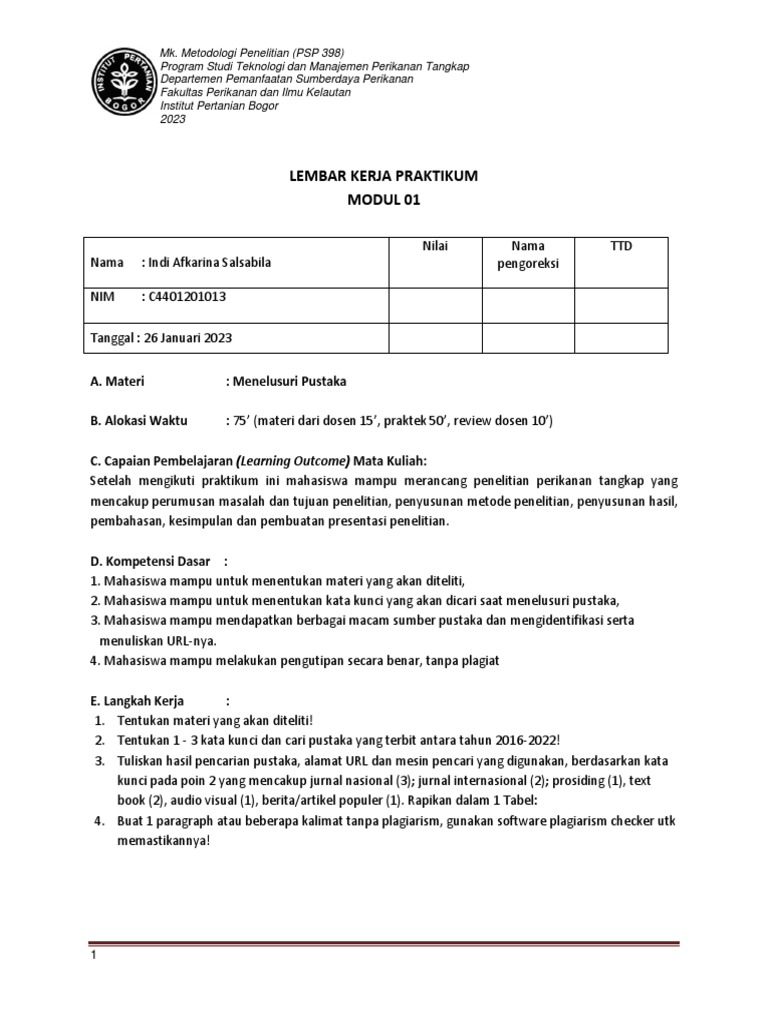 Praktikum 01 - Modul 1 - Indi Afkarina Salsabila - C4401201013 - Metlit | PDF