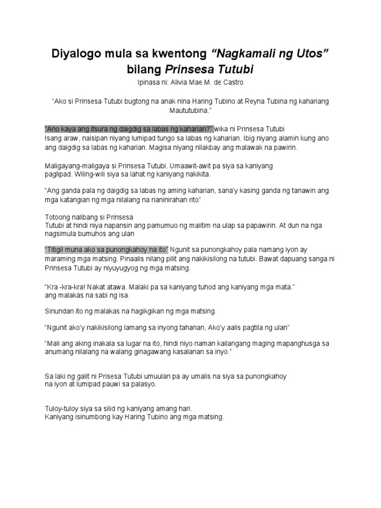 Diyalogo Mula Sa Kwentong "Nagkamali NG Utos" Bilang Prinsesa Tutubi | PDF