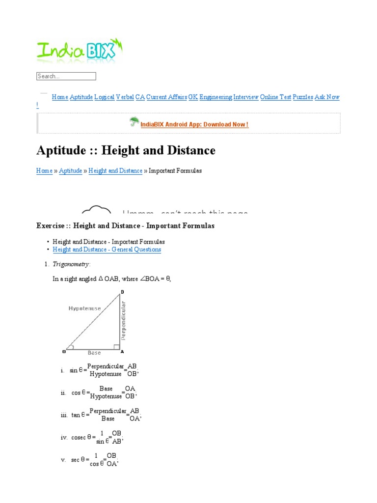 Height & Distance Formulas | PDF | Trigonometry | Trigonometric Functions