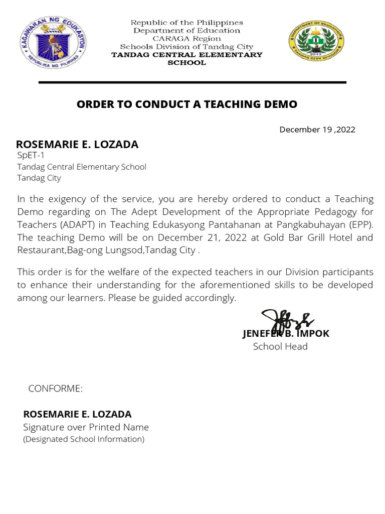 Order To Conduct A Teaching Demo | PDF