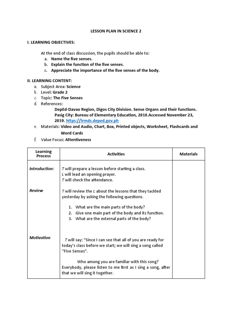 Lesson Plan For Demonstration | PDF | Senses | Taste