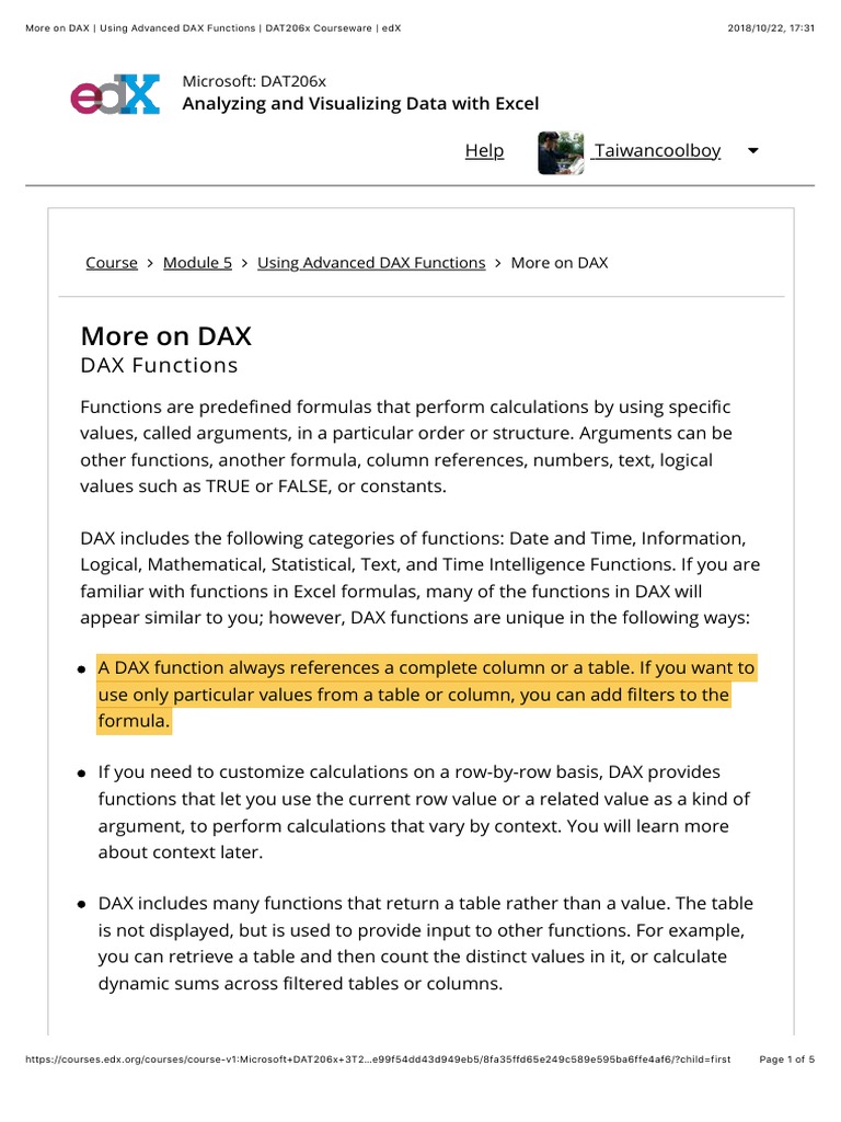 More On DAX - Using Advanced DAX Functions - DAT206x Courseware - EdX | PDF | Function ...