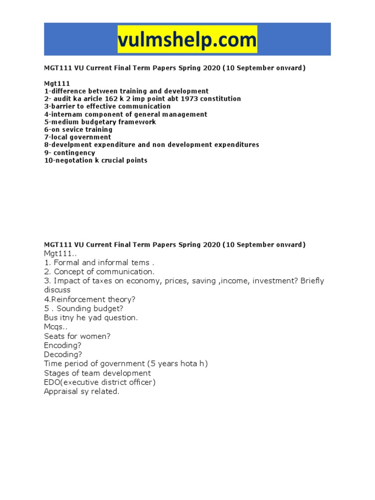 MGT111 Current Final Term Past Papers | PDF MGT111 Current Final Term Past Papers | PDF