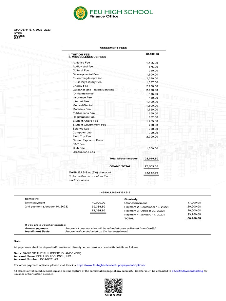 Grade 11 STEM HUMSS GAS Tuition Fee - FEUHS | PDF