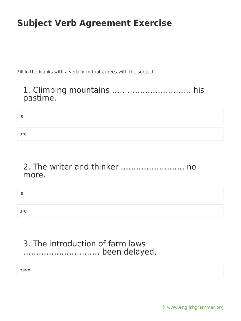 Subject Verb Agreement Exercise | PDF