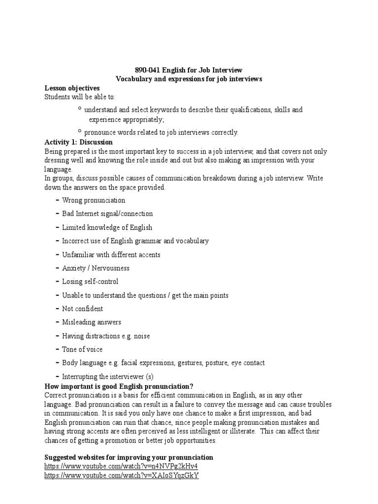 Lesson 5 Vocabulary and Expressions | PDF | Job Interview | English ...