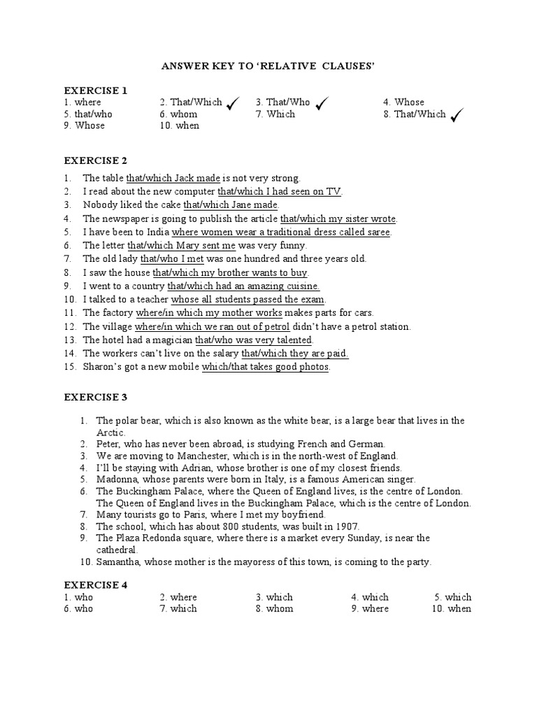 Answer Key To Relative Clauses' | PDF