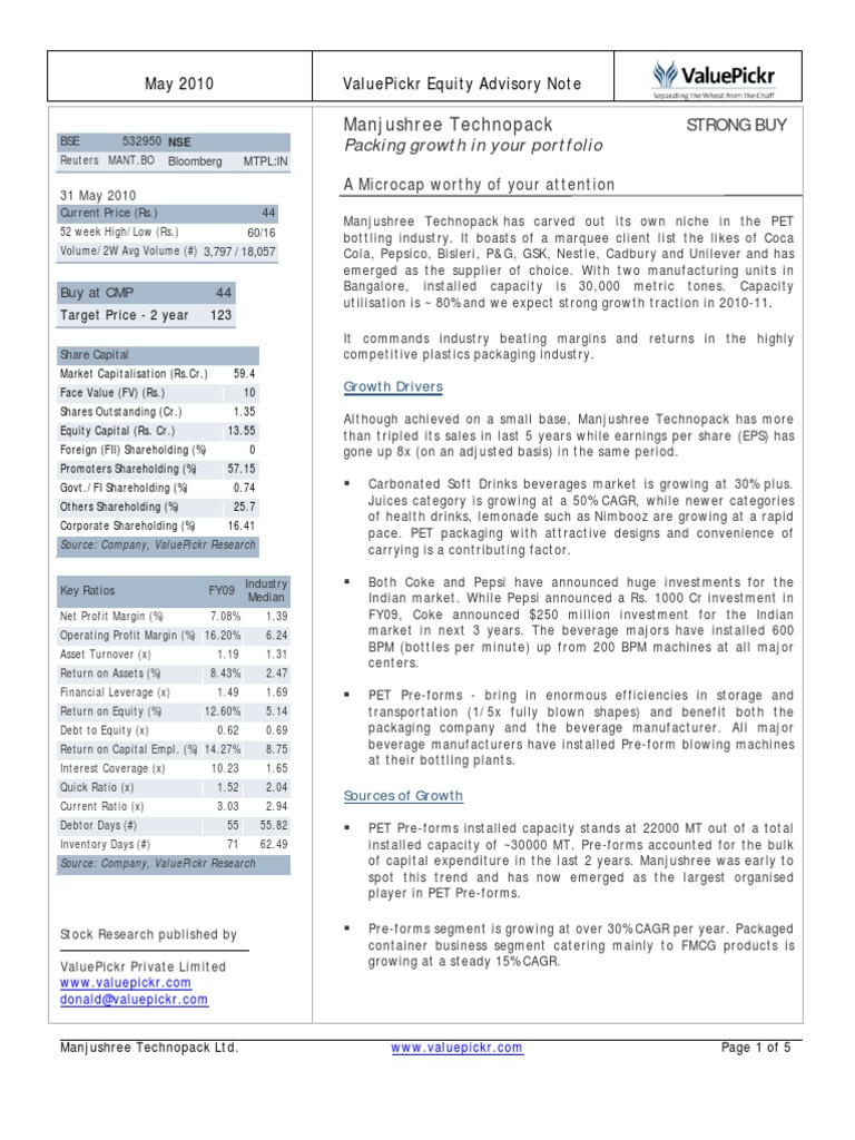 Manjushree Technopack: Valuepickr Equity Advisory Note May 2010 ...