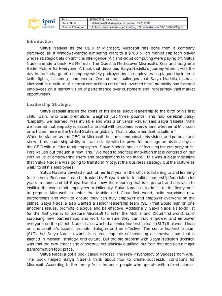 (MBA0922) Leadership - Satya Nadela | PDF | Mindset | Leadership