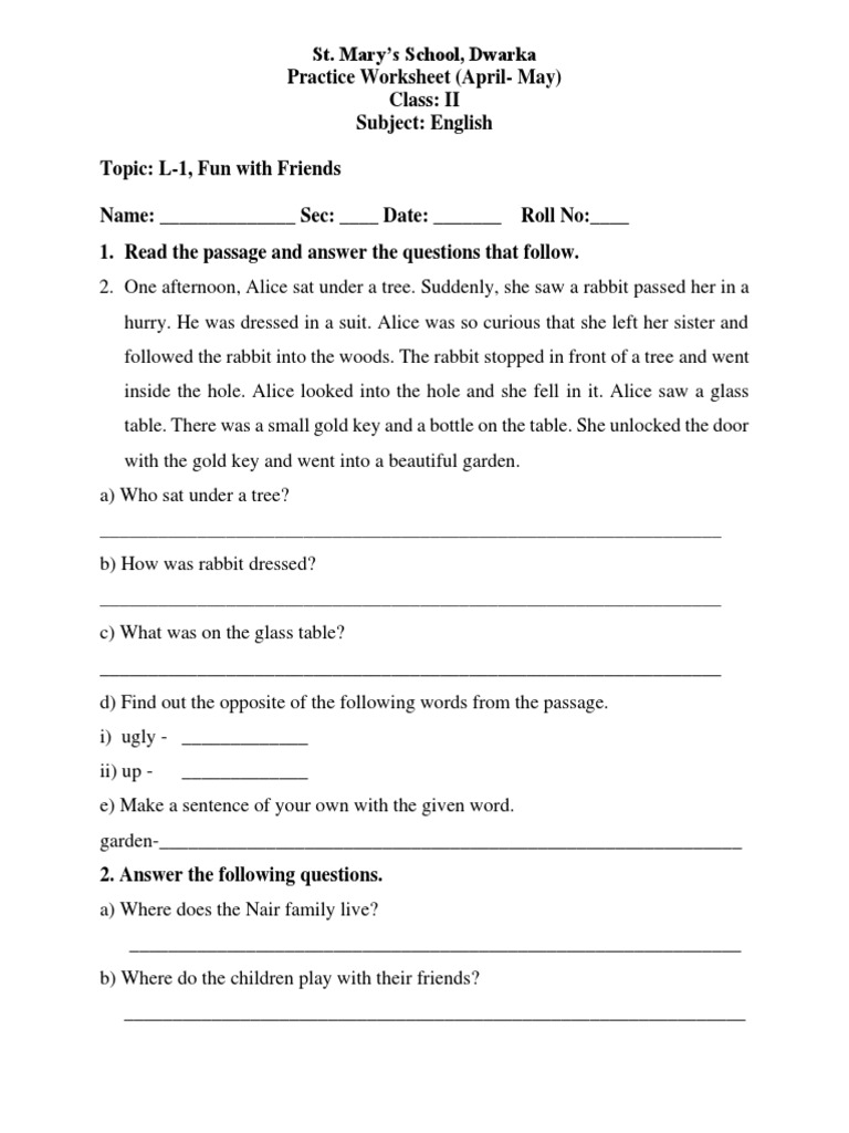Std. II Practice Worksheet English | PDF
