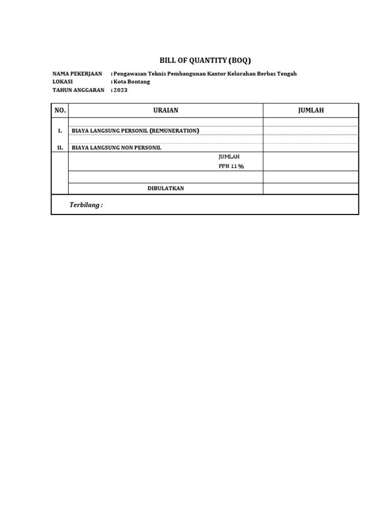 Bill of Quantity (Boq) : NO. Uraian Jumlah | PDF