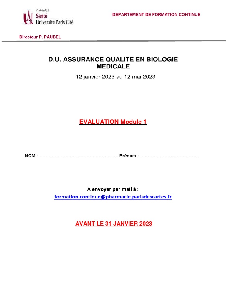 Evaluation Module 1 | PDF | Pathologie clinique Evaluation Module 1 | PDF | Pathologie clinique