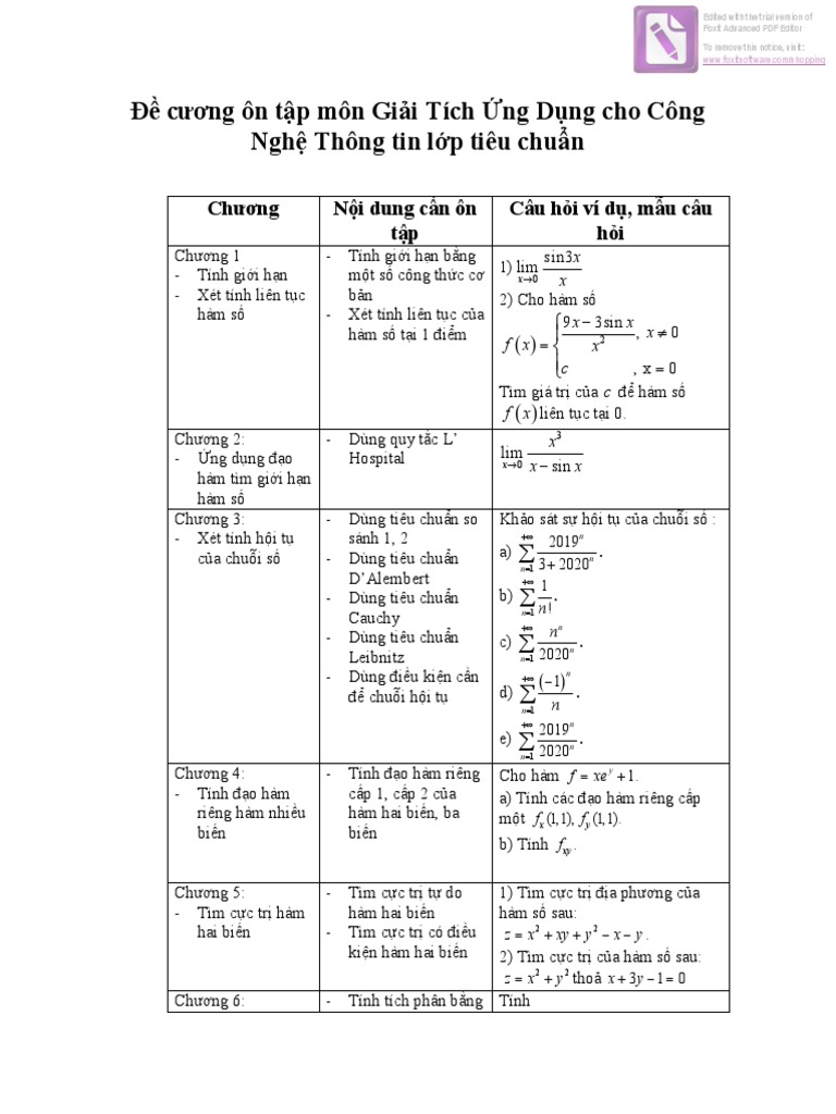 De Cuong On Tap Lop Tieu Chuan Mon Giai Tich Ung Dung Cho CNTT | PDF