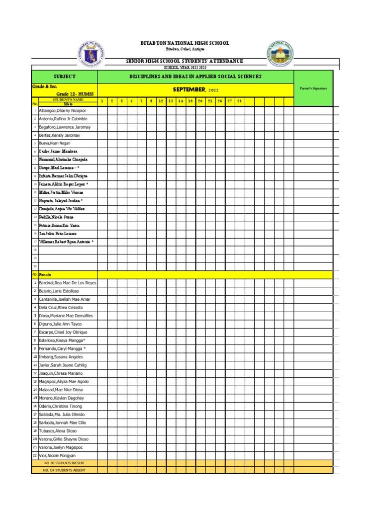 Grade 12 - HUMSS ATTENDANCE SHEETS | PDF