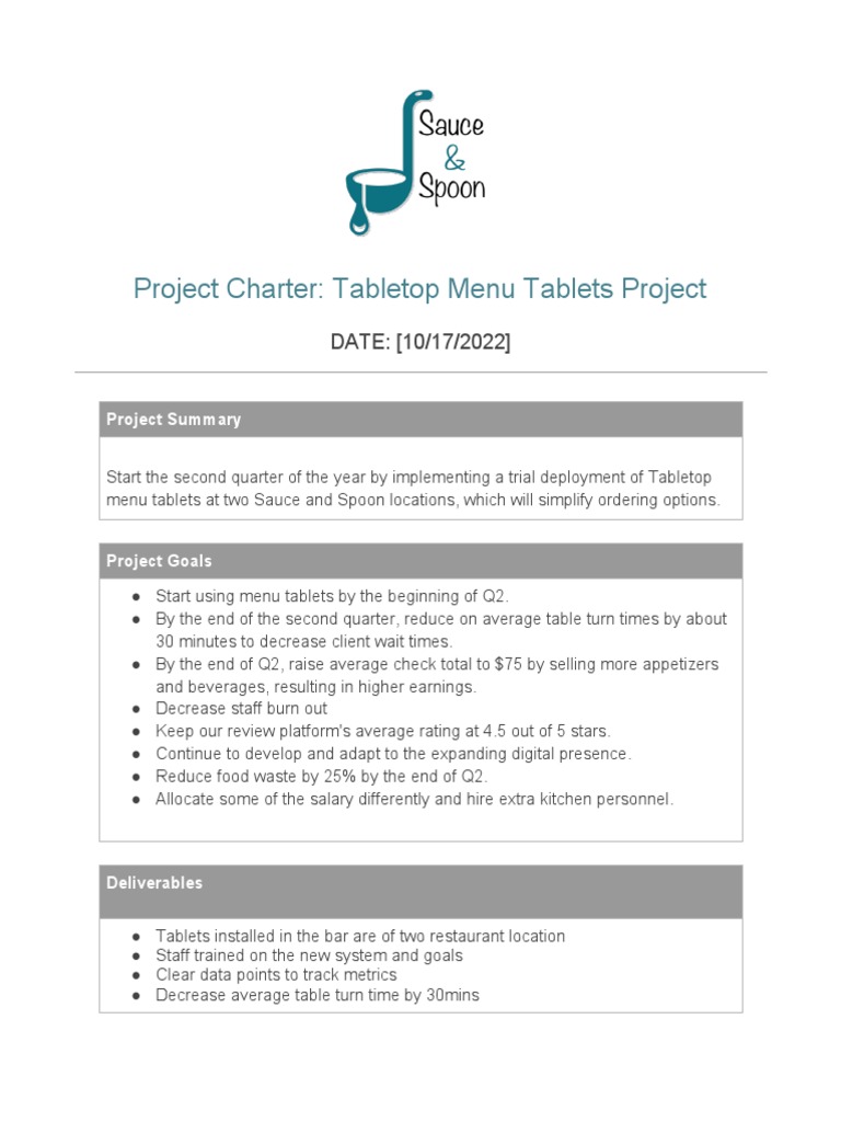 Project Charter Sauce and Spoons | PDF | Menu | Tablet Computer