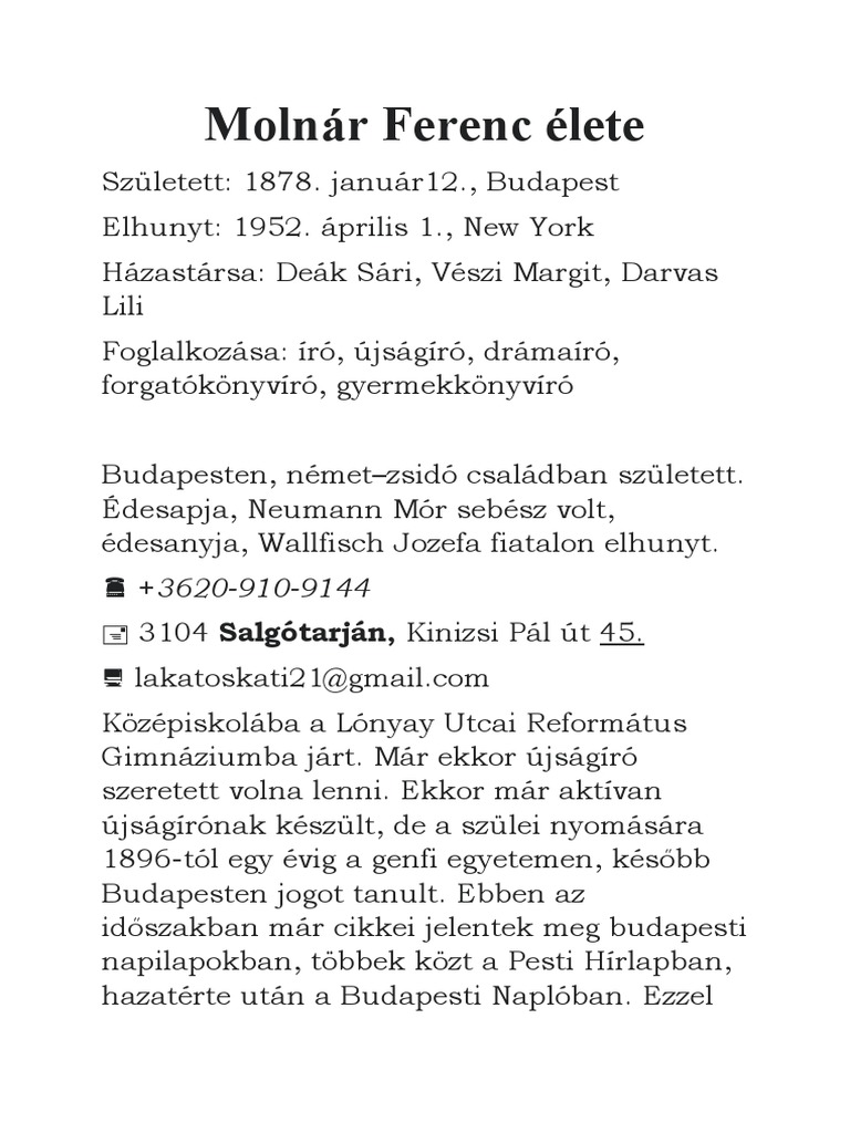 Molnár Ferenc Élete | PDF