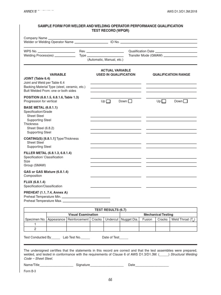 D1.3 D1.3M 2018 Annexb3 WPQR Form | PDF | Welding | Construction