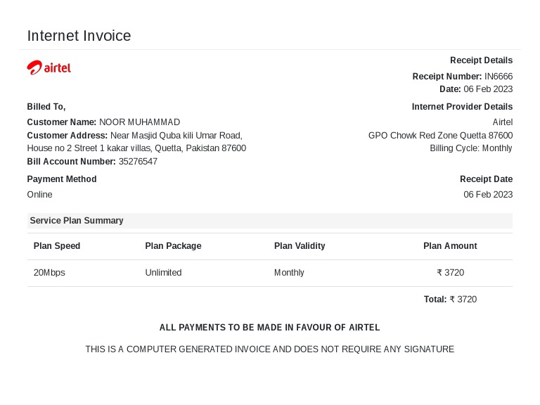Monthly Internet Bill Invoice | PDF