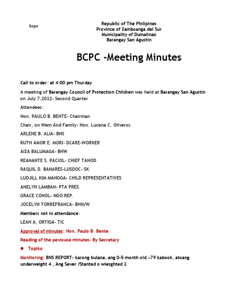BCPC - Minutes of Meeting-Second Qurter July | PDF