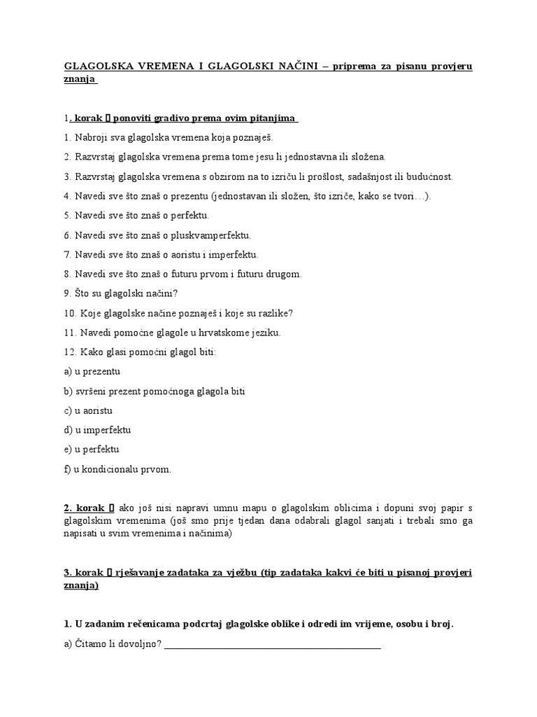 Glagolski Oblici - Priprema Za Pisanu Provjeru Znanja | PDF