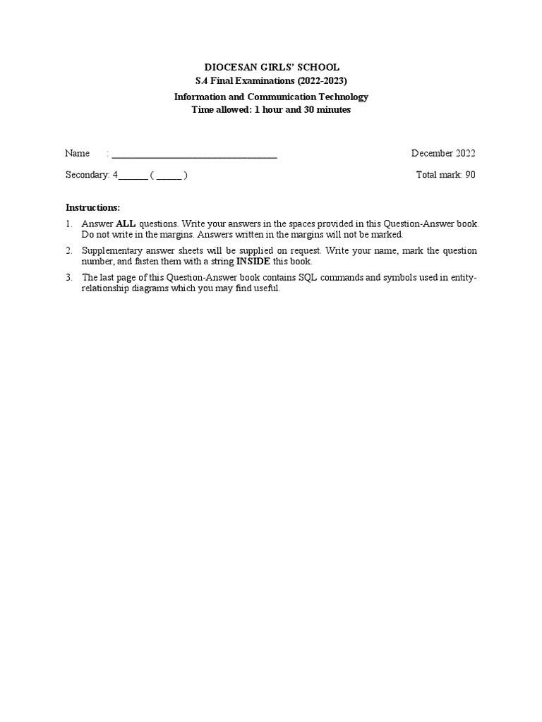 2022-23 S4 Mid-Year Exam P1 | PDF | Sql | Databases