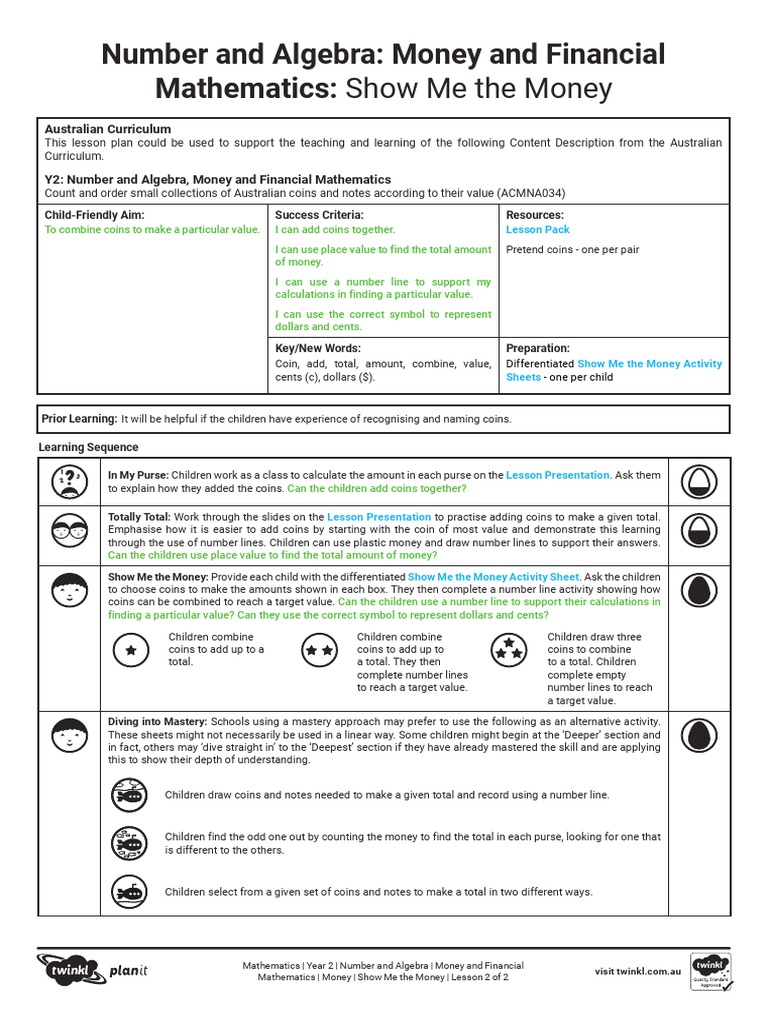 Lesson Plan Show Me The Money | PDF | Money | Numbers