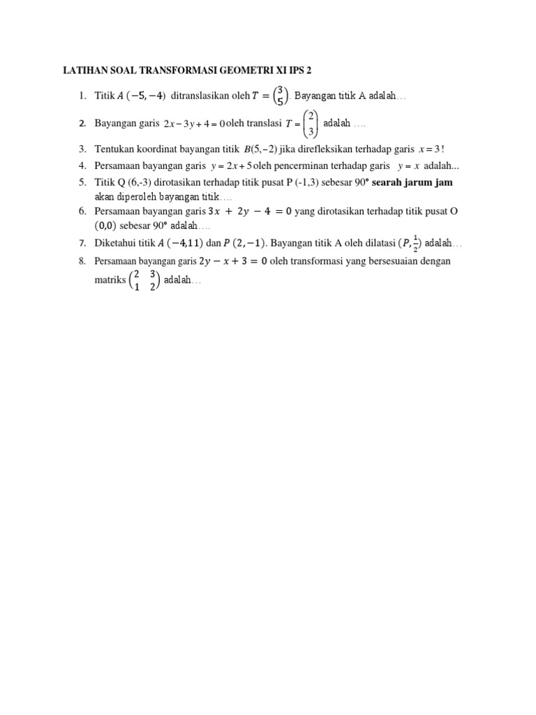 Latihan Soal Transformasi Geometri Xi Ips 2 | PDF