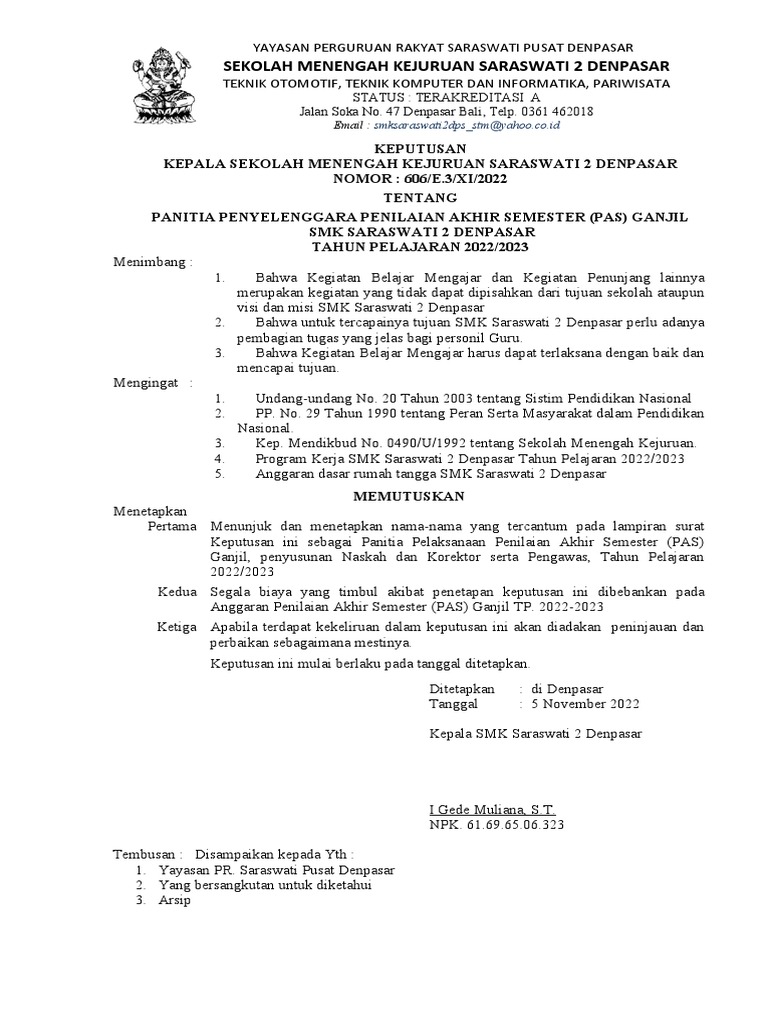 SK Panitia Penyelenggara Pas Ganjil 2022-2023 | PDF