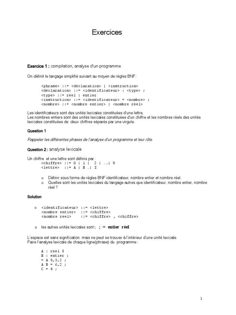 Exercices Dirigés Séance N 1 - Corrigé | PDF | Analyse syntaxique | Langage de programmation