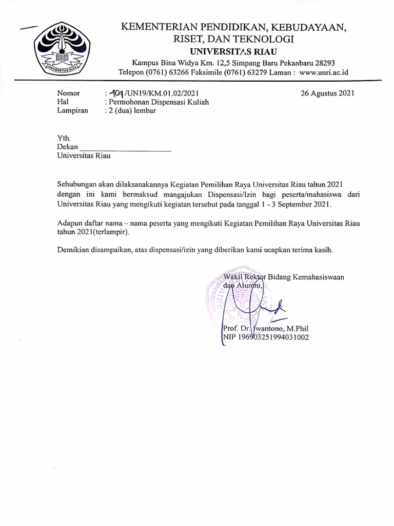 Surat Dispensasi Perkuliahan PPRU 2021 | PDF