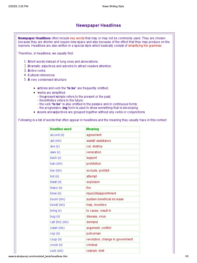 Newspaper Headlines: Style, Grammar, and Common Words Used | PDF | Verb ...
