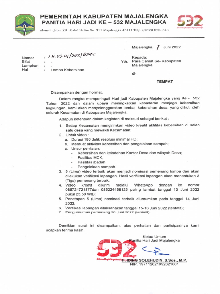 Surat Lomba Kebersihan 2022 | PDF