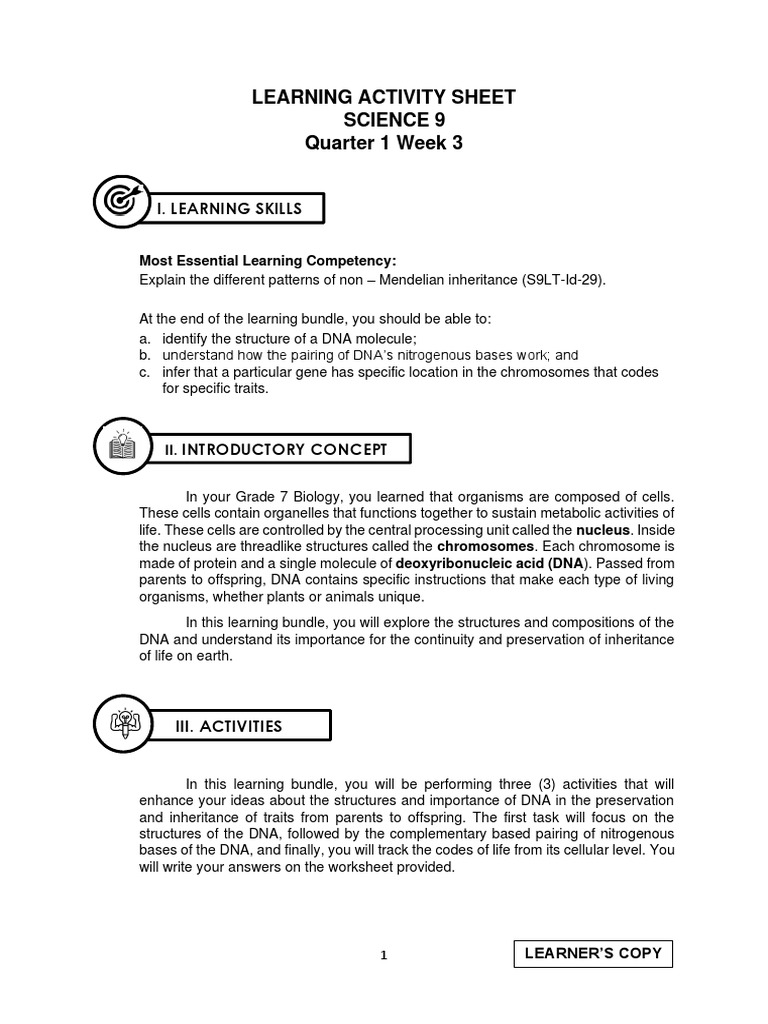 Learning Activity Sheet Science 9 Quarter 1 Week 3 | PDF | Dna | Base Pair