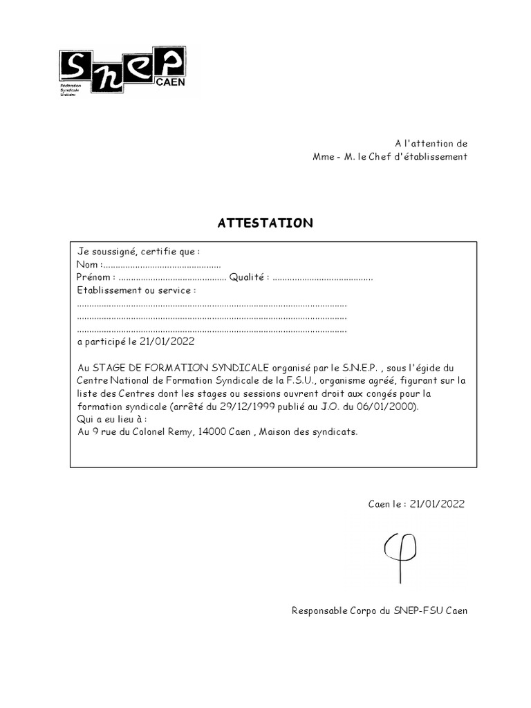 Attestation de Formation Syndicale | PDF