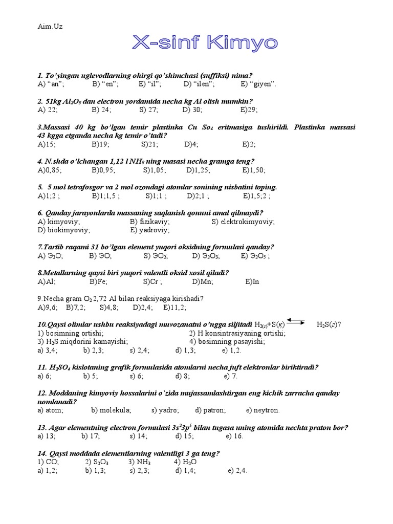 10-Sinf Kimyo Fanidan Test | PDF